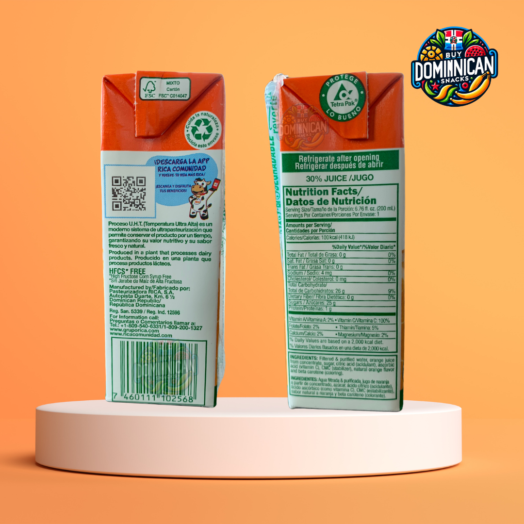 Rica Orange Juice Drink - Jugo de Naranja Rica 200ml (100 Calories, Vi ...